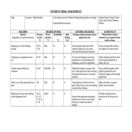 Risk Assessment Form | DOC | Cameras and Camcorders | Consumer Electronics