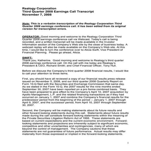 RealogyQ308CALLTRANSCRIPT_11_07_08FINAL | PDF