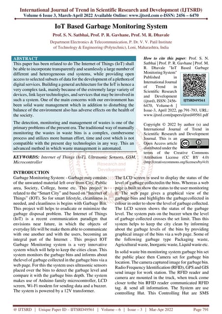 Smart garbage monitoring system using internet of things | PPTX