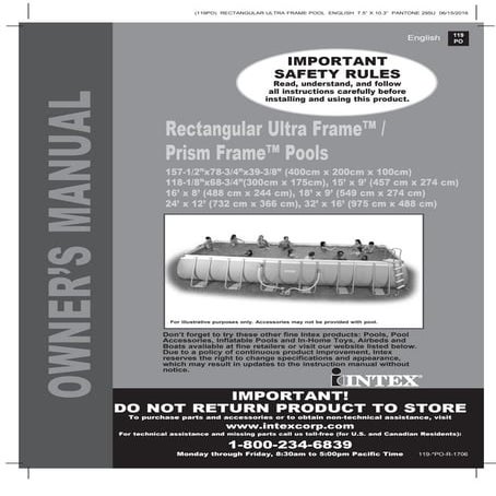 20 page manual for intex rectangular Ultram frame and Prism frame pools ...