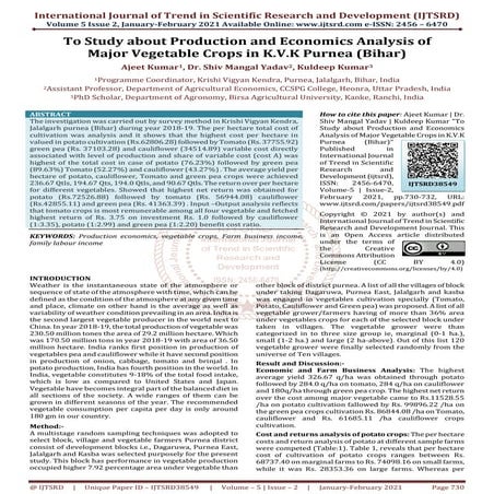 To Study about Production and Economics Analysis of Major Vegetable ...