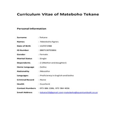 Curriculum Vitae of Mateboho Tekane | PDF