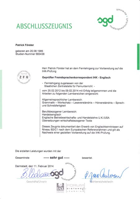 IHK - Zeugnis Fremdsprachenkorrespondent