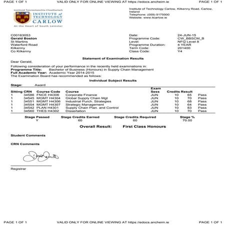 Statement of Examination Results - Year 4 | PDF