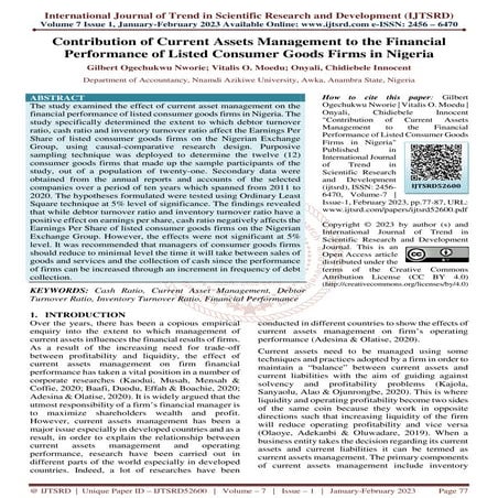 Contribution of Current Assets Management to the Financial Performance ...