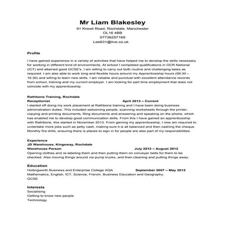 Liam CV 2 Part time | DOC | Secondary Education | Education