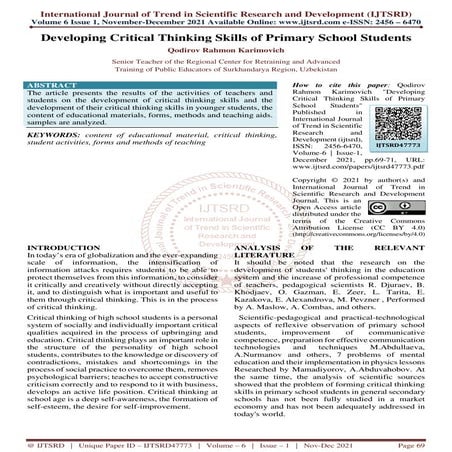 Developing Critical Thinking Skills of Primary School Students | PDF