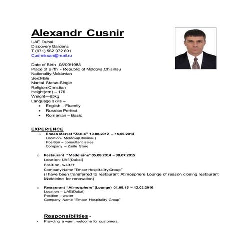 CV Alex | DOCX | Bars & Restaurants | Attractions