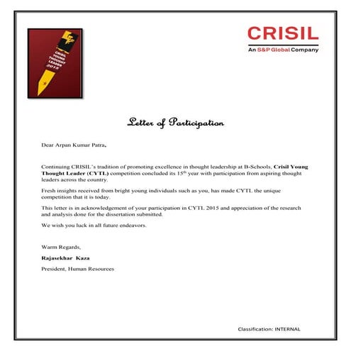 CYTL Participation Letter 2015- Arpan Kumar Patra | PDF