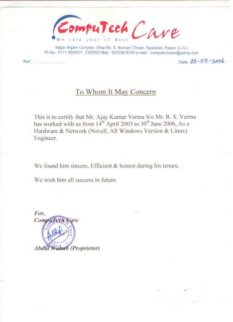 Q.C Engineer Experience Certificate from Techshore | PDF