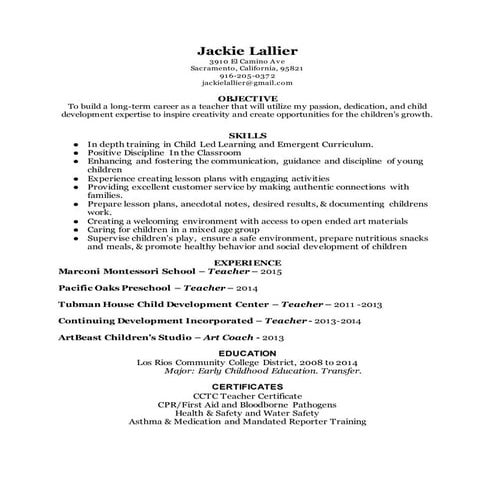 Jackie.Lallier.Resume (2) | DOCX | Daycare and Pre-School | Parenting