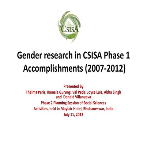11 July 2012 Odisha CSISA SSD Gender Mainstreaming in CSISA Part 1 | PPTX