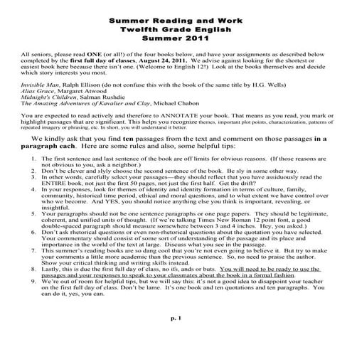 English 1 Summer Reading Assignment | PDF