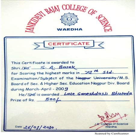 Prize for scoring the highest marks in Std. XI | PDF