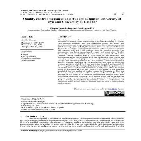 Quality control measures and student output in University of Uyo and ...
