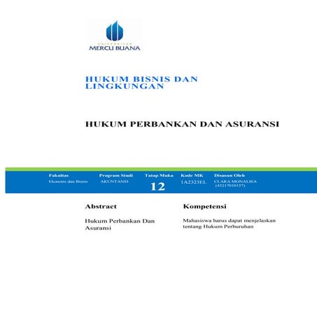 12. hbl,clara monalisa,hapzi ali,hukum perbankan dan asuransi, universitas mercu buana, 2018 | PDF