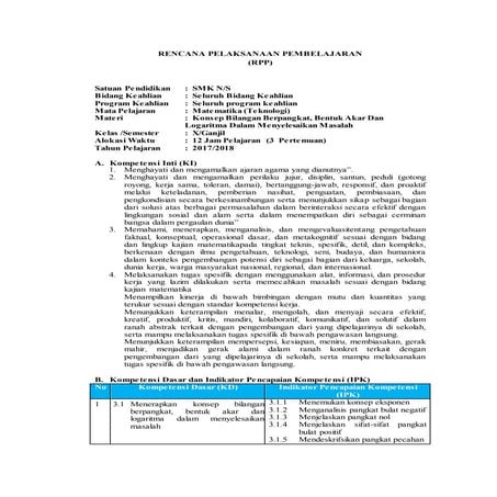 RENCANA PELAKSANAAN PEMBELAJARAN (RPP) Perpangkatan dan Bentuk Akar | DOCX