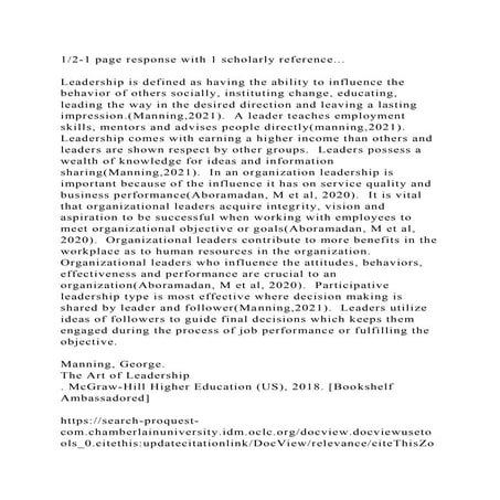 12-1 page response with 1 scholarly reference...Leadership is d.docx