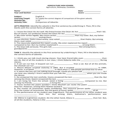 Comparing With Adverbs Worksheet Adverbs: Printable Worksheets