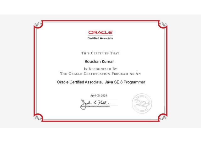Roushan Kumar Java Oracle Certificate Ppt
