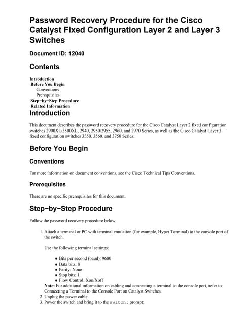 How To Recover Password On The Cisco Catalyst Fixed Configuration Layer 2andlayer 3 Switches Pdf