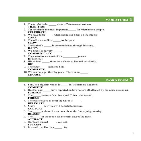 120 câu hỏi về bài tập WORD FORM ôn thi vào 10 | DOC