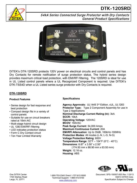 Ditek DTK-120SR Data Sheet | PDF