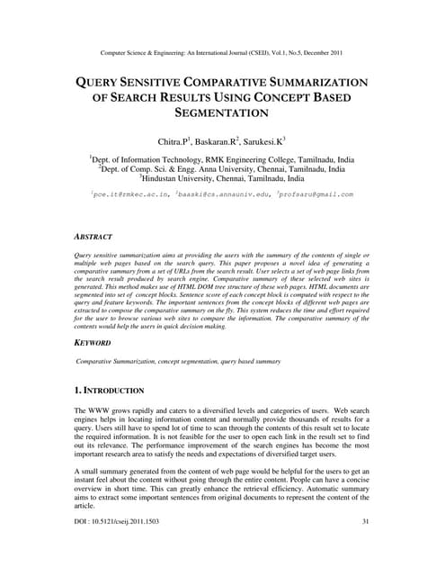 Query Sensitive Comparative Summarization Of Search Results Using 0549