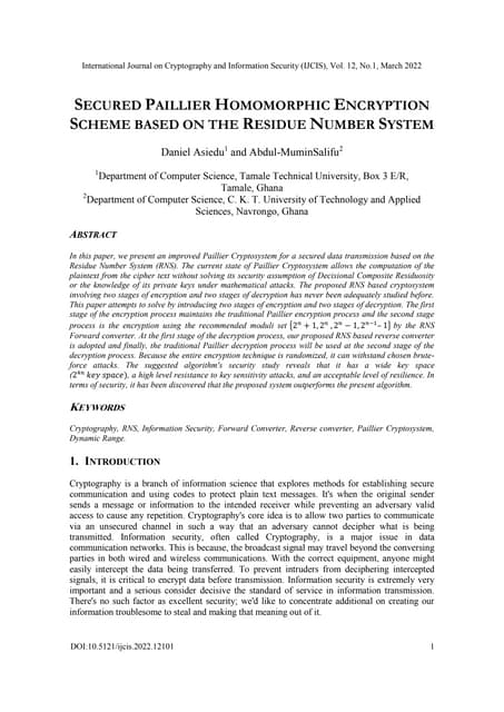 Secured Paillier Homomorphic Encryption Scheme Based On The Residue Number System Pdf