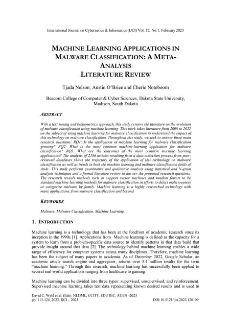 Machine Learning Applications In Malware Classification A Metaanalysis Literature Review Pdf