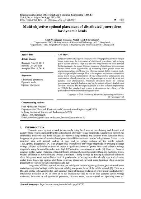 Multi Objective Optimal Placement Of Distributed Generations For Dynamic Loads Pdf Computer