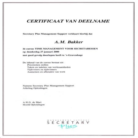 Certificaat - Time management voor secretaressen | PDF