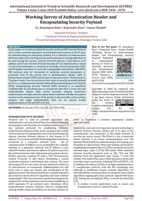 Working Survey Of Authentication Header And Encapsulating Security 5324