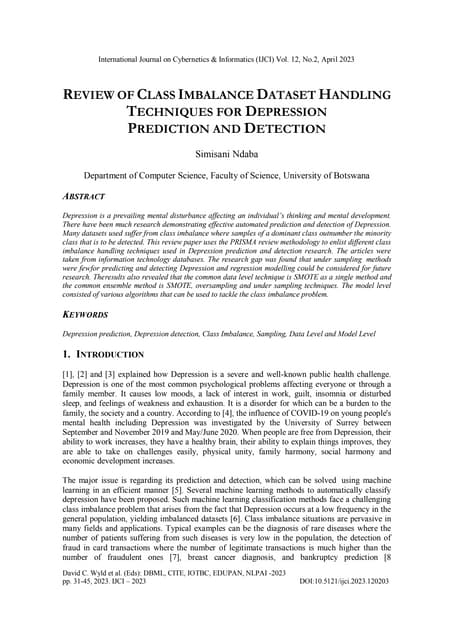 Review Ofclass Imbalance Dataset Handling Techniques For Depression