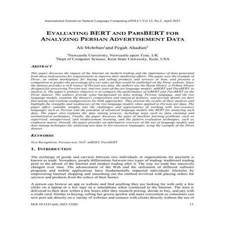 EVALUATING BERT AND PARSBERT FOR ANALYZING PERSIAN ADVERTISEMENT DATA | PDF