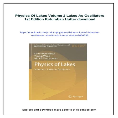 Physics Of Lakes Volume 2 Lakes As Oscillators 1st Edition Kolumban ...