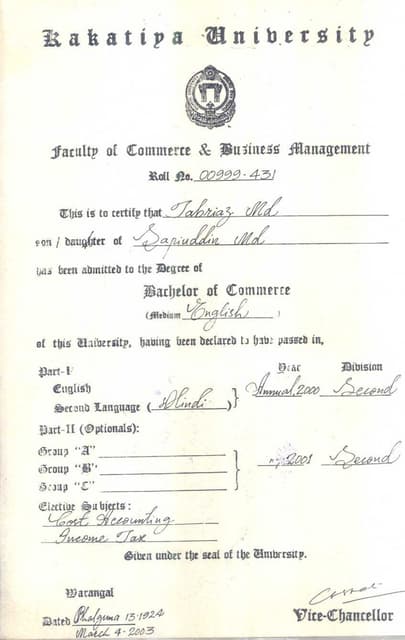 Convocation Certificate B.Sc