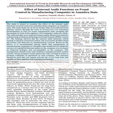 Effect of Internal Audit Functions on Fraud Control in Manufacturing ...