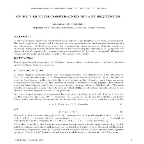 ON RUN-LENGTH-CONSTRAINED BINARY SEQUENCES | PDF