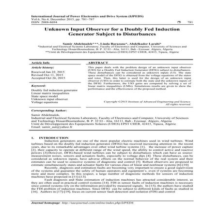 Unknown Input Observer for a Doubly Fed Induction Generator Subject to Disturbances | PDF