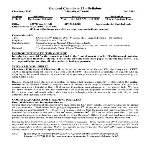 1240 fall 2012_syllabus | PDF | Chemistry | Science