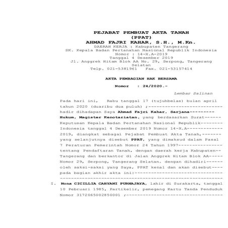 Contoh Akta Pembagian Hak Bersama (APHB) | DOCX