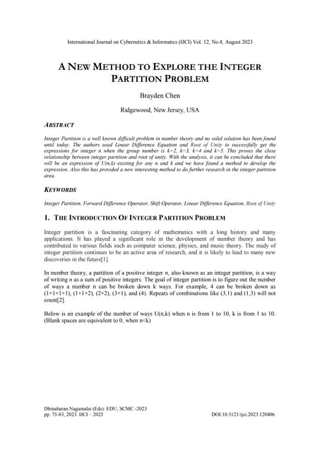 A New Method To Explore The Integer Partition Problem Pdf