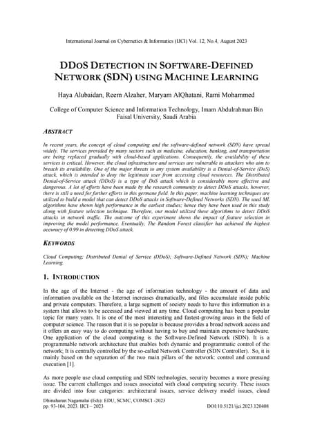 Ddos Detection In Software Defined Network Sdn Using Machine Learning