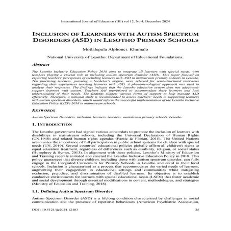 Inclusion of Learners with Autism Spectrum Disorders (ASD) in Lesotho Primary Schools | PDF