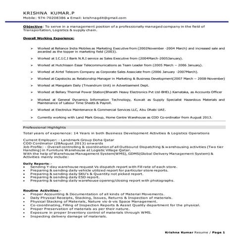 Krishna Kumar Professional Resume(2) | DOCX | Logistics | Business