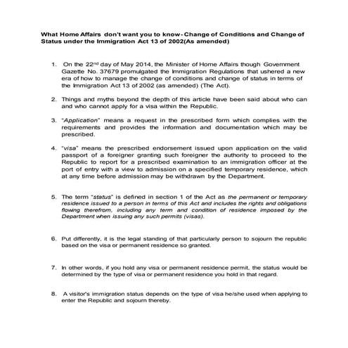 Change of Conditions and Change of Status under the Immigration Act 19 ...