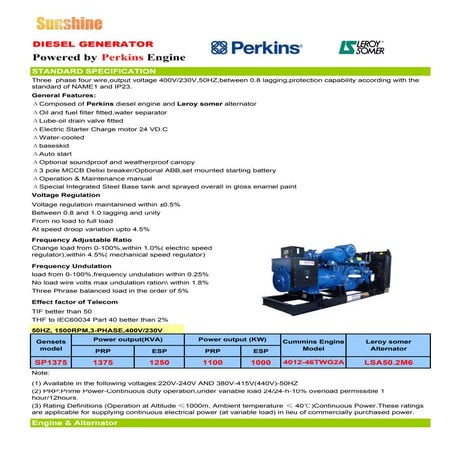 1250 Kva Uk Perkins gensets With Leroysomer Data Sheet | PDF