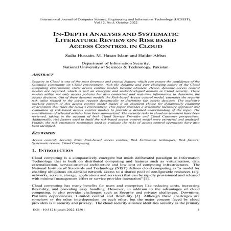 IN-DEPTH ANALYSIS AND SYSTEMATIC LITERATURE REVIEW ON RISK BASED ACCESS CONTROL IN CLOUD | PDF