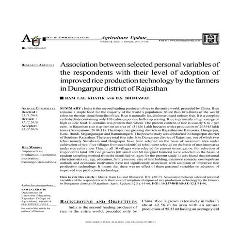 Association between selected personal variables of the respondents with their level of adoption ...